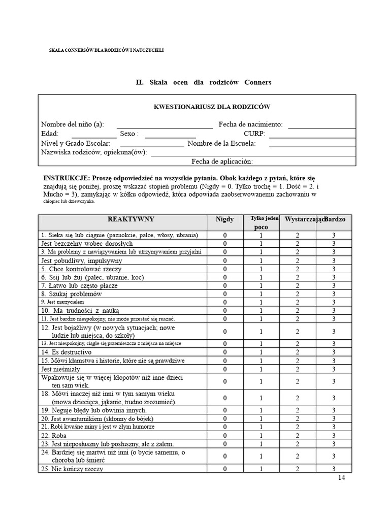 Skala Ocen Dla Rodziców Connersa | PDF