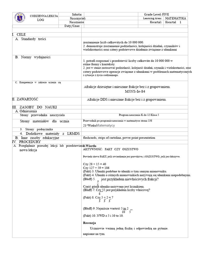 Co DLP Matematyka Klasa 5 Q1 | PDF