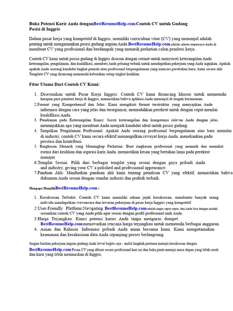 Contoh CV UK Pekerja Gudang | PDF
