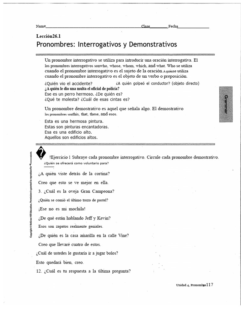 Gramática 7 Lección 26.1 Pronombres Interrogativos y Demontrativos | PDF