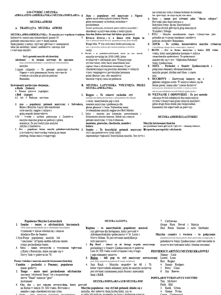 Kwartalny 2 Muzyka Afro Latynoamerykańska I Muzyka Popularna Edukacja | PDF