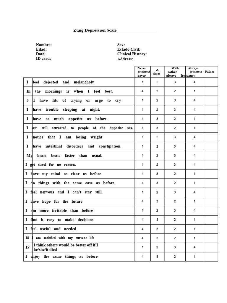Self-Rating Depression Scale (SRDS) - William Zung | PDF | Major ...