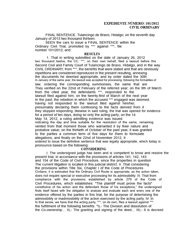 Final Sentence in Civil Case 101/2012 | PDF | Lawsuit | Concurrent Estate