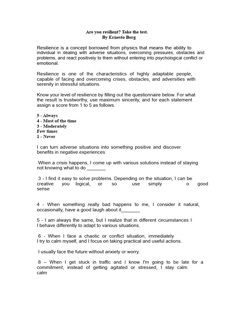 Resilience Test | PDF | Psychological Resilience | Mental Health