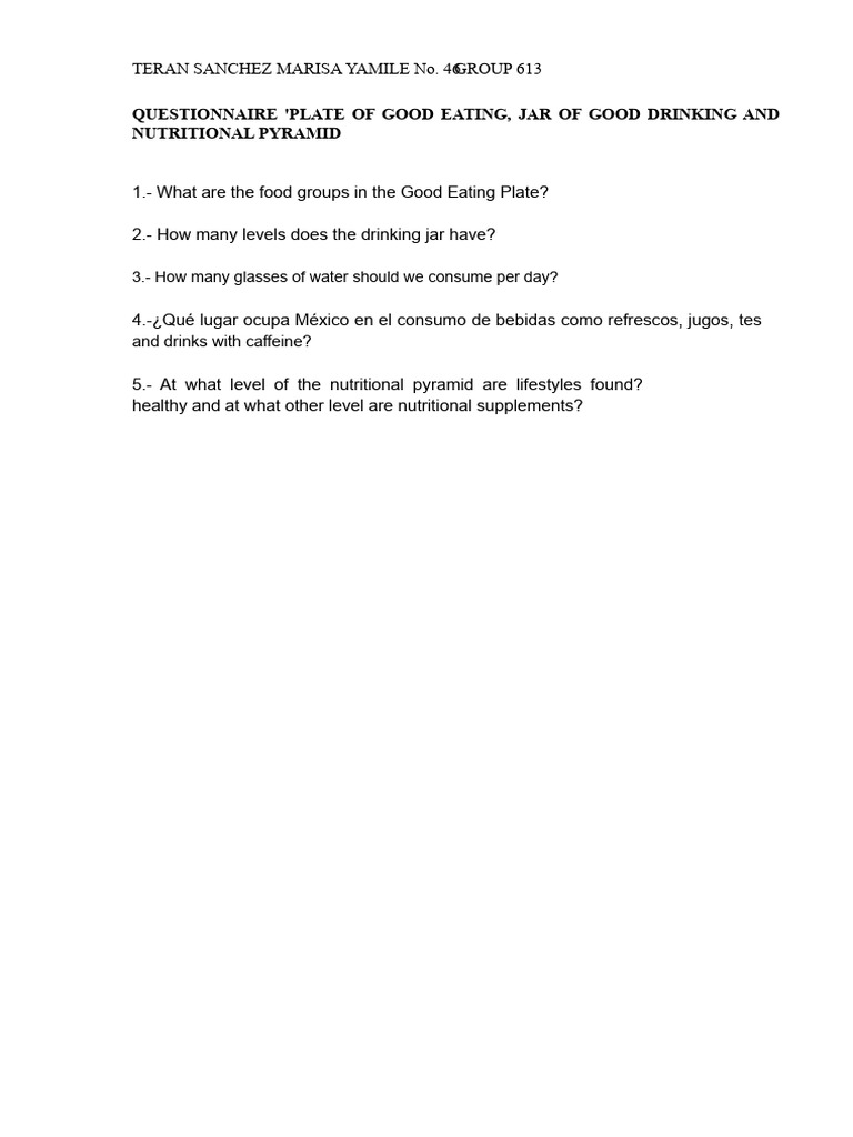Questionnaire 'Plate of Good Eating, Jar of Good Drinking and ...