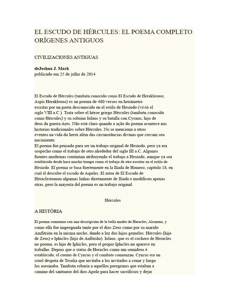 El Escudo de Hércules: Poema y Análisis | PDF | Atenea | Ilíada
