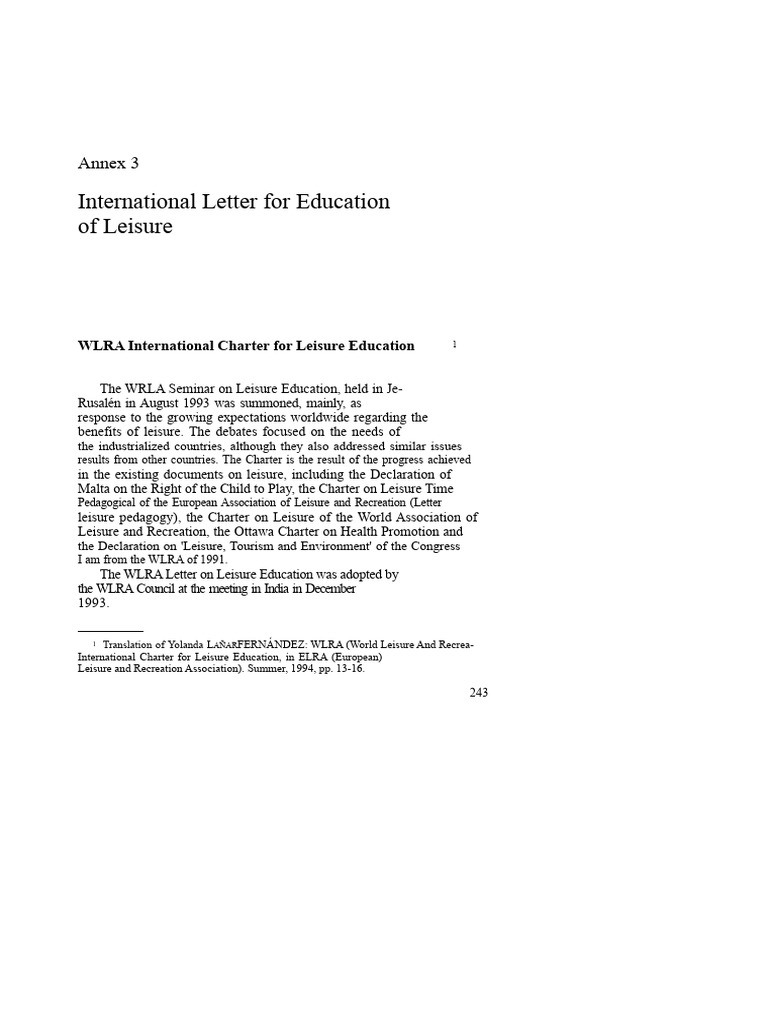International Charter For Leisure Education - WLRA | PDF | Well Being