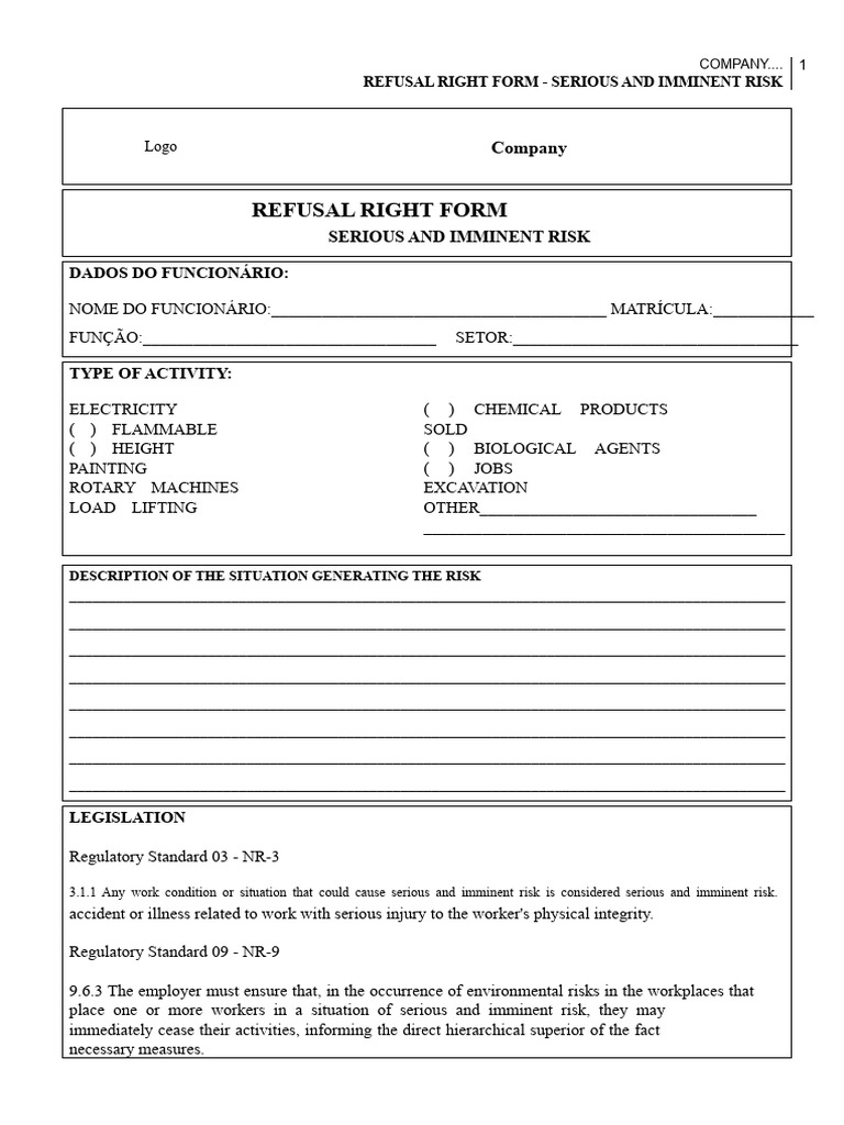 Refusal Right Form for Workplace Risks | PDF | Occupational Safety And ...