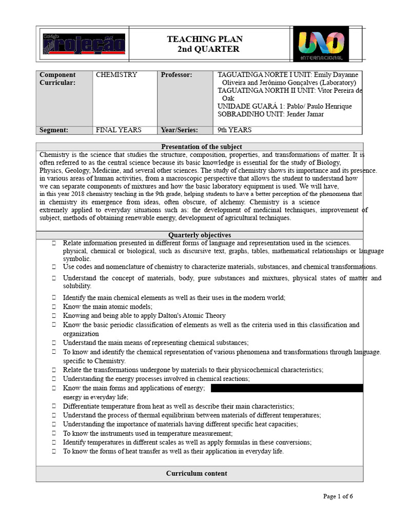 9th Grade Chemistry Teaching Plan | PDF | Chemistry | Heat