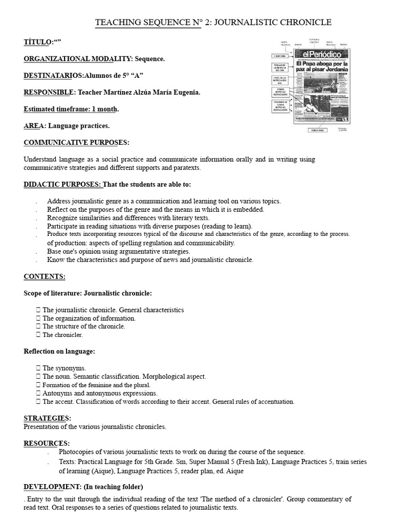 Teaching Sequence N 2 Journalistic Chronicle 5TH Grade 2018 | PDF ...