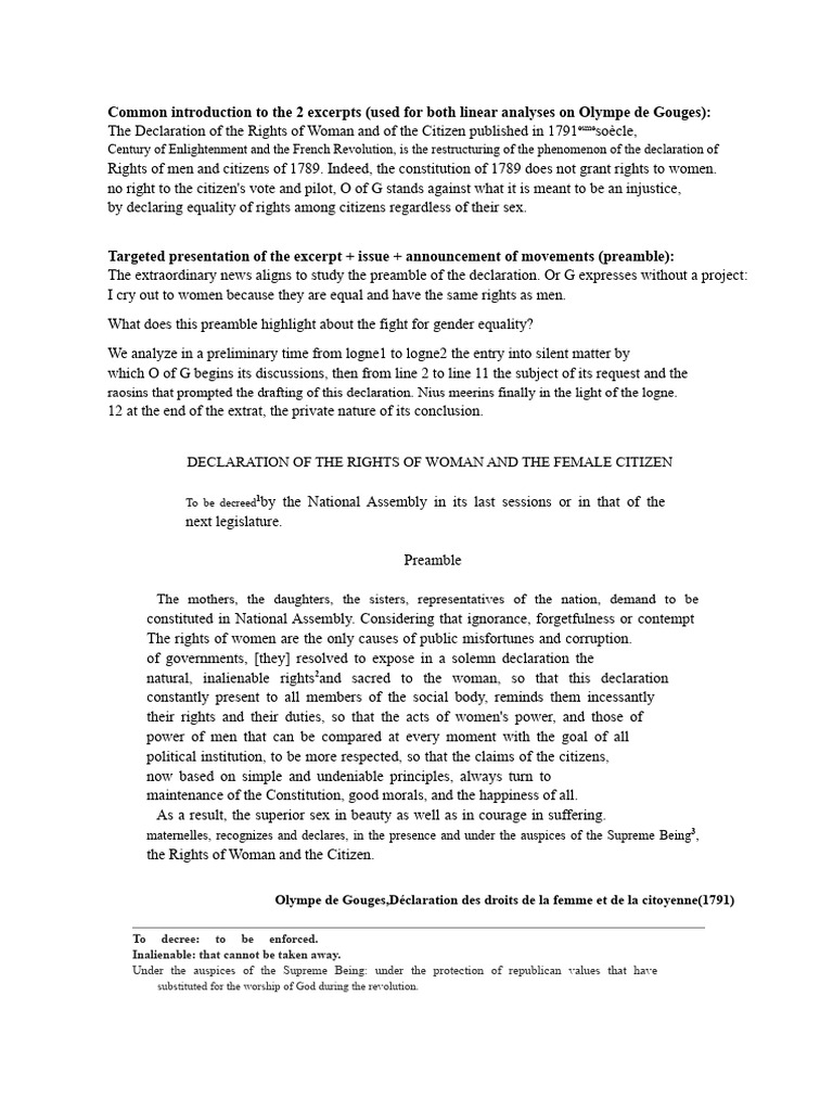 Linear Analysis Preamble Olympe de Gouges DFFC | PDF | Gender Equality ...