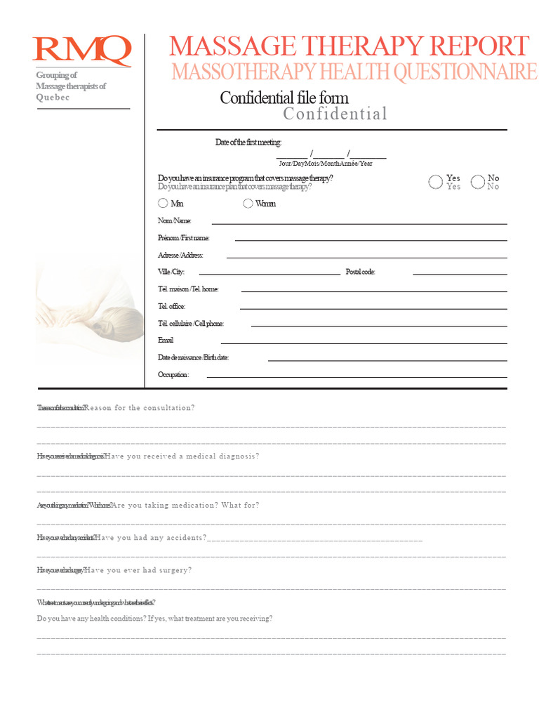 Quebec Massage Therapy Health Questionnaire | PDF | Massage | Back Pain