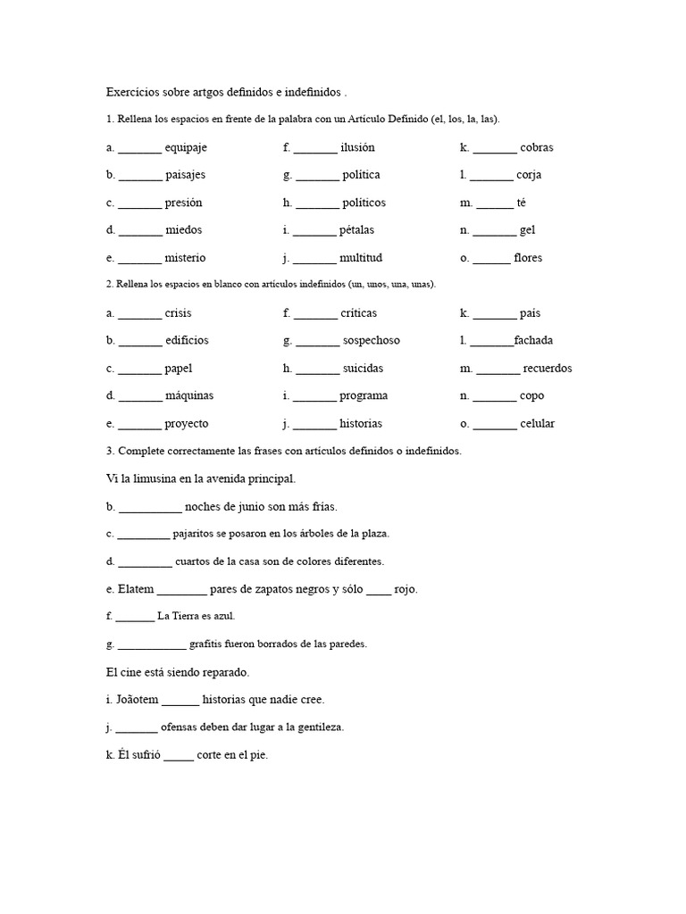Ejercicios Sobre Artículos Definidos e Indefinidos | PDF