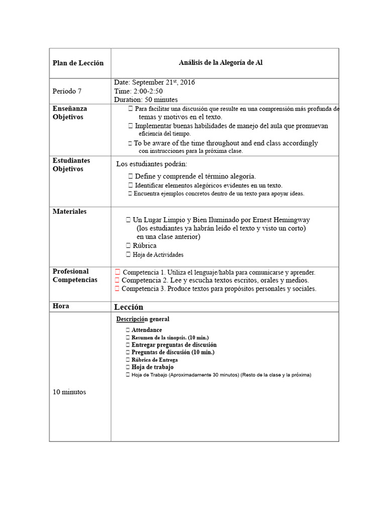 Un Lugar Limpio y Bien Iluminado - Plan de Lección Final | PDF
