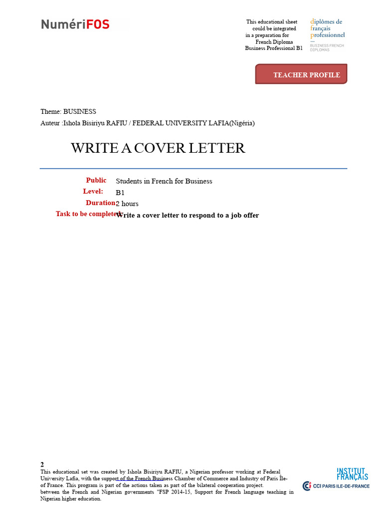 Cover Letter Guide for French B1 Students | PDF | Teachers | Learning