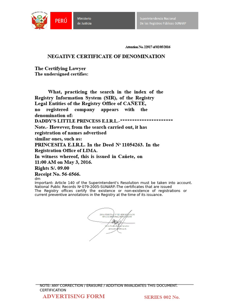 Negative Certificate of Denomination | PDF