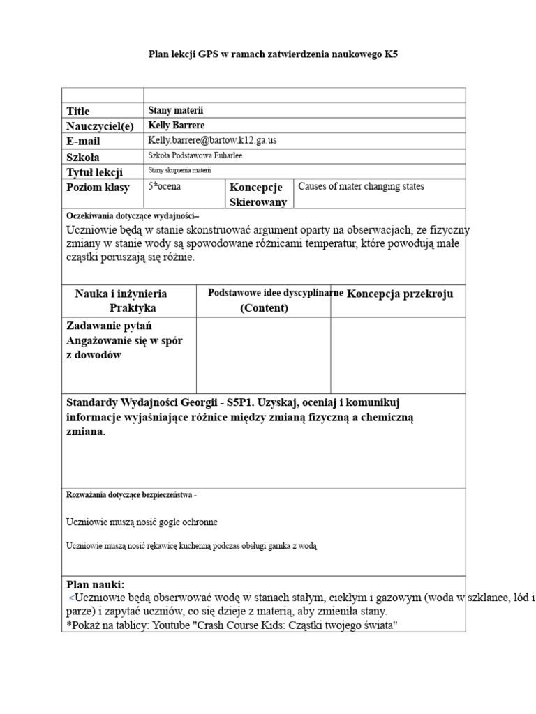 Plan Lekcji o Stanach Skupienia Materii | PDF