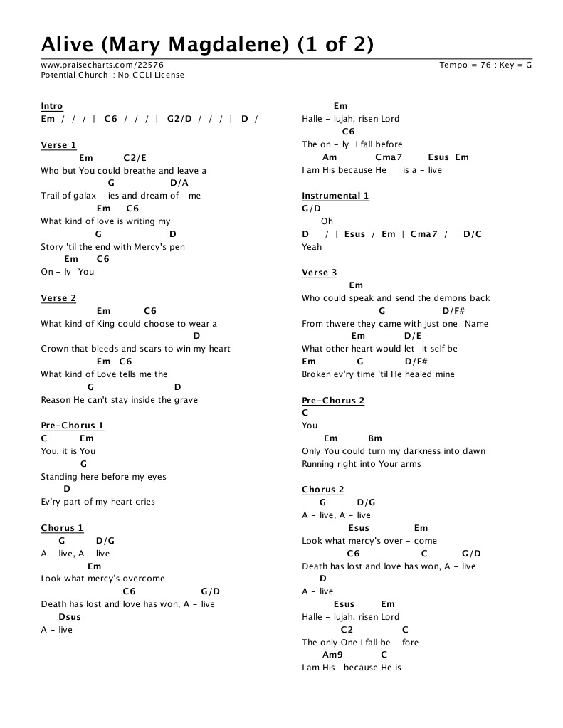 Alive Mary Magdalene-Chord Chart | PDF | Song Structure | Songs