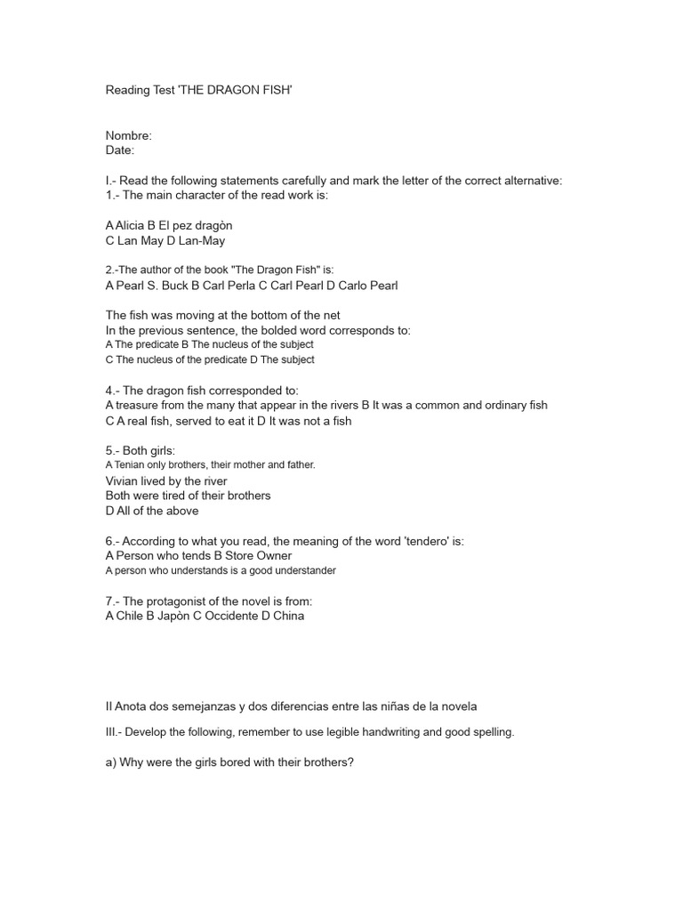 Dragon Fish Reading Comprehension Test | PDF
