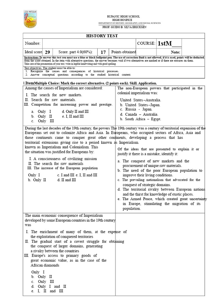 Test 1º - Colonialism and Imperialism | PDF | Imperialism | Colonialism