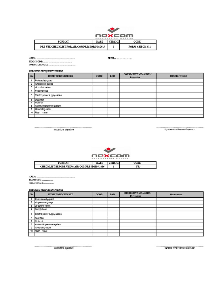 Pre-Use Checklist For Air Compressor 2 | PDF