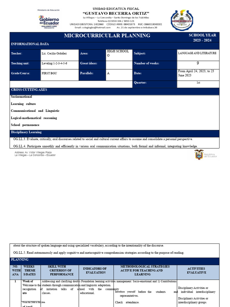 LL - 1ST Bgu - Planning 9 Weeks | PDF | Communication | Information