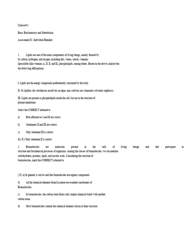 Basic Biochemistry and Metabolism Assessment II | PDF | Biomolecules ...