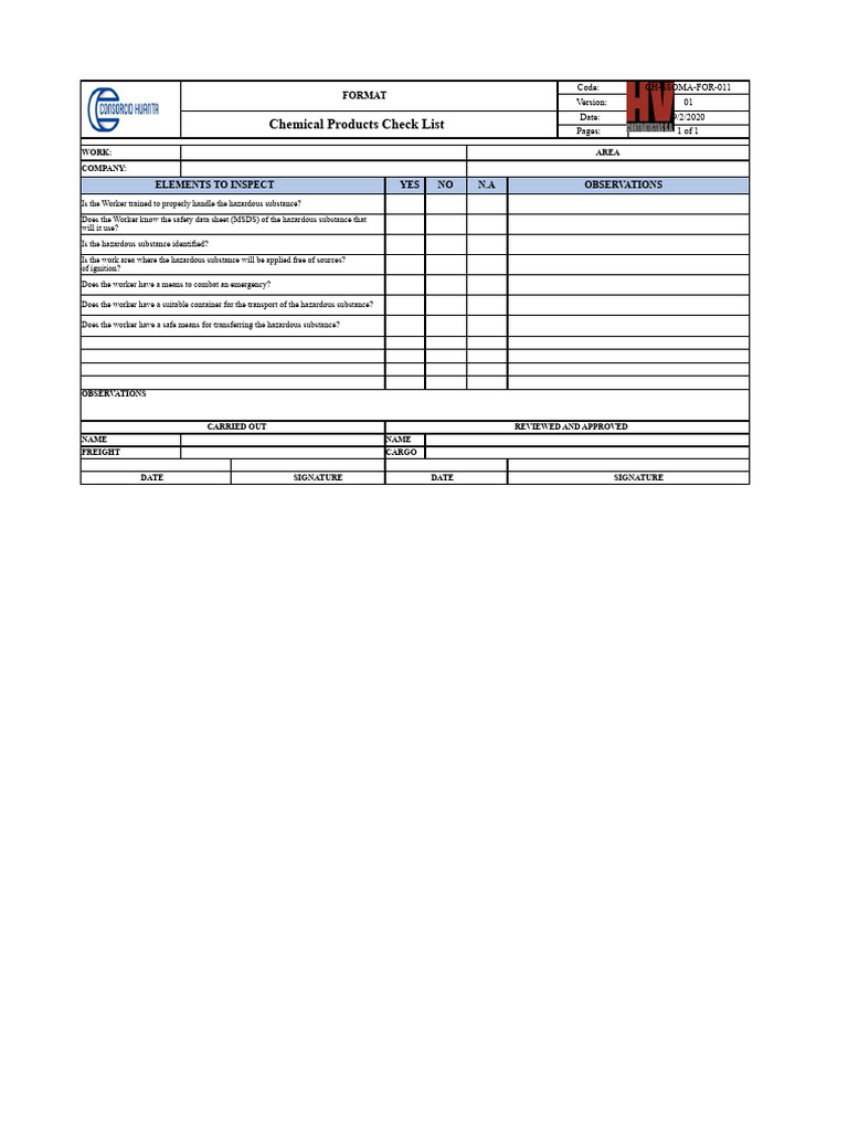Chemical Safety Inspection Checklist | PDF