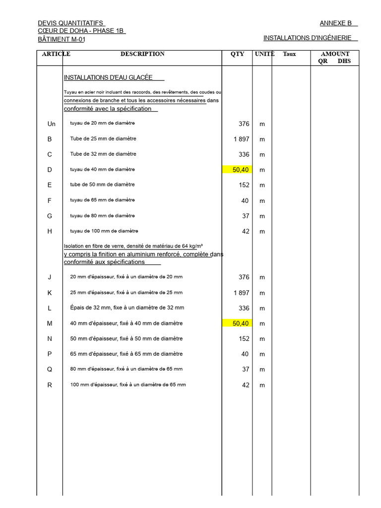 Devis Quantitatifs pour Installations M-01 | PDF | Tuyau | Soupape