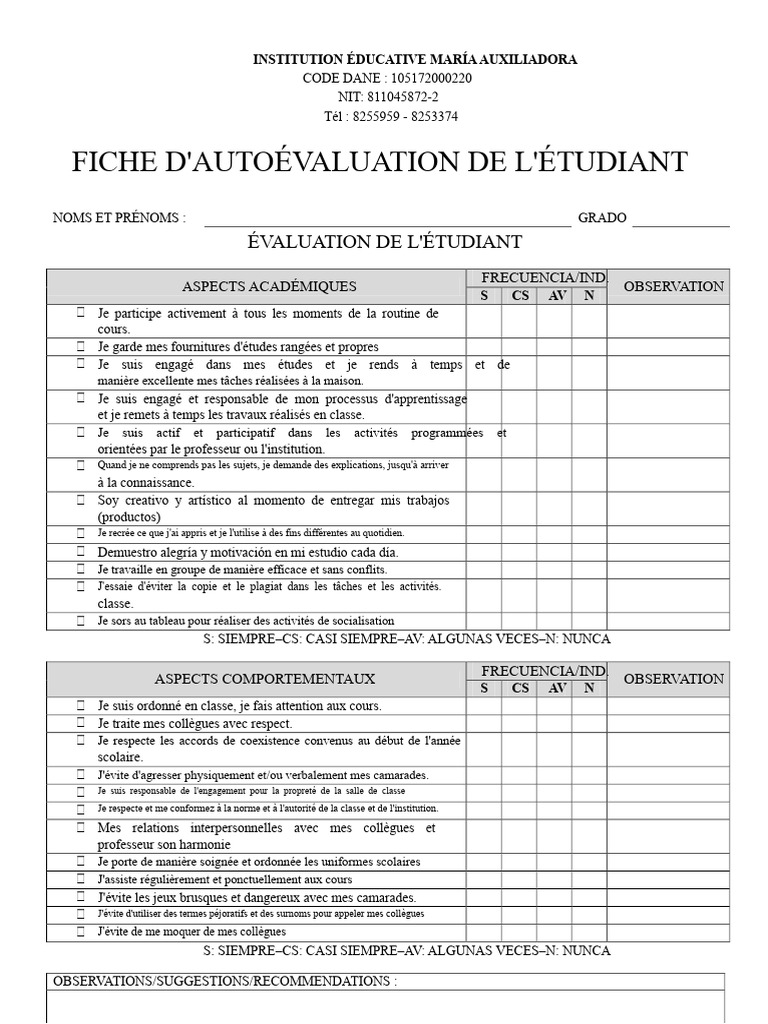 Fiche d'Autoévaluation Étudiante | PDF | Sciences comportementales ...