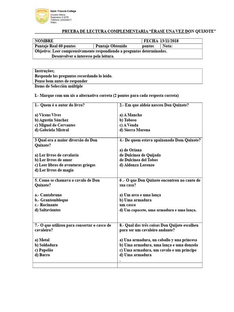 Quiz sobre Don Quijote: Leitura e Compreensão | PDF | Dom Quixote ...