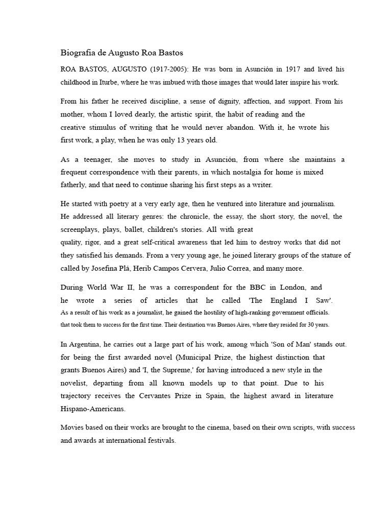 Biography of Augusto Roa Bastos | PDF