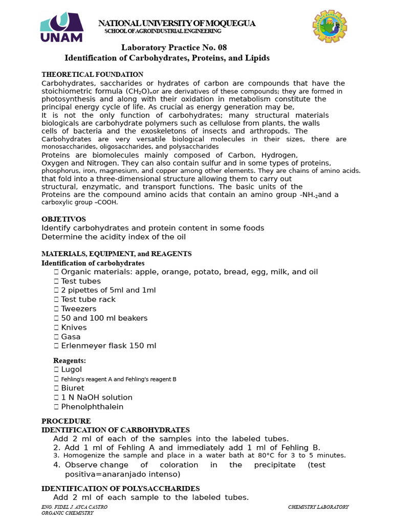 Identification of Carbohydrates, Proteins, and Lipids Lab Practice No ...