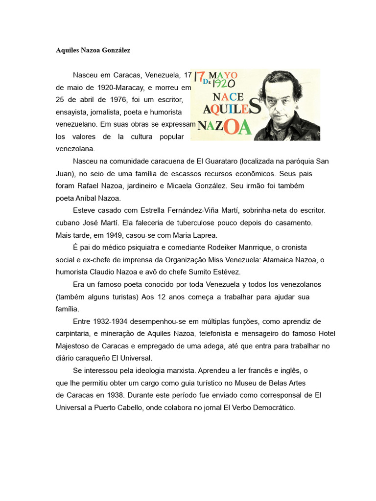 Vida e Obras de Aquiles Nazoa | PDF | Venezuela | Caldo