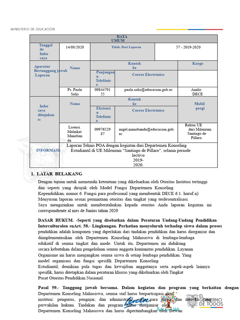 Laporan Teknis Pelaksanaan Poa Oleh Dece Periode Pendidikan 2019-2020 ...