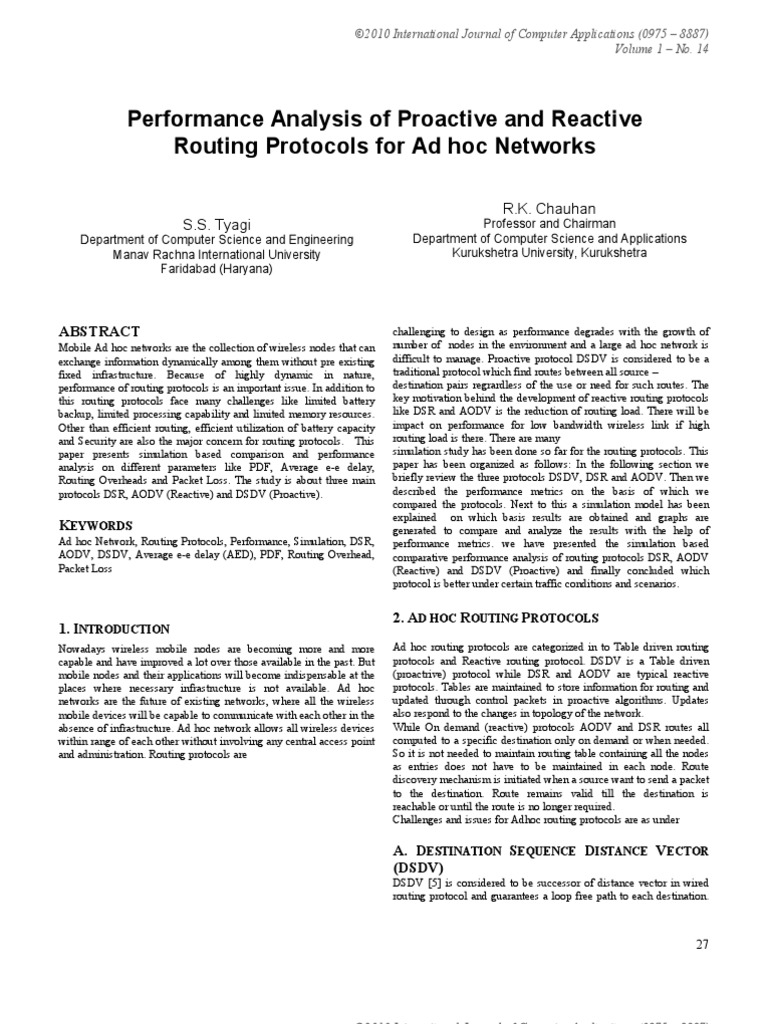 Performance Analysis Of Proactive And Reactive Routing Protocols For Ad Hoc Networks Pdf