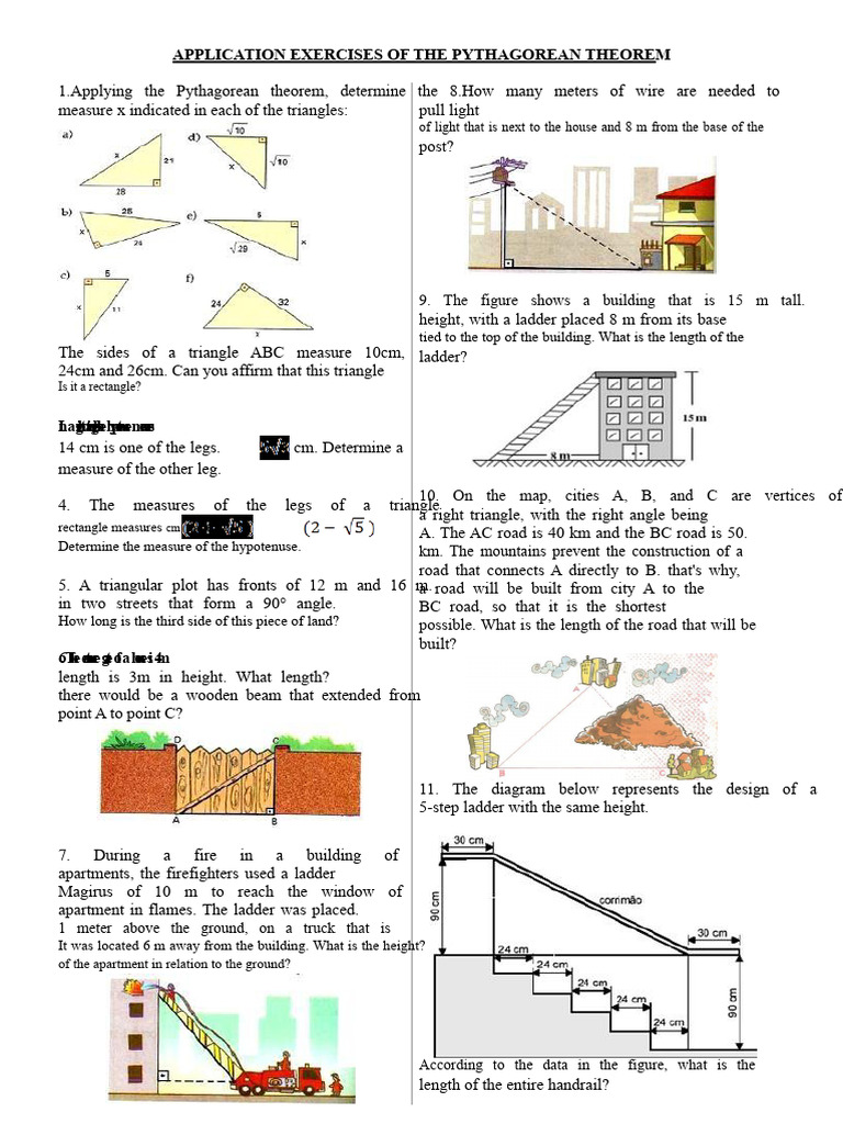 Pythagorean Theorem Application Exercises | PDF | Length | Triangle