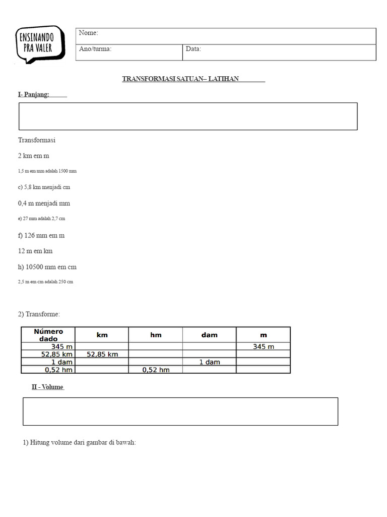 Transformasi Satuan Panjang dan Volume | PDF