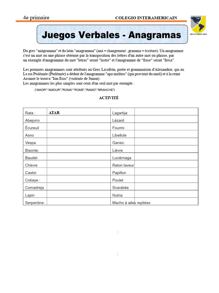 Introduction aux anagrammes en 4e primaire | PDF