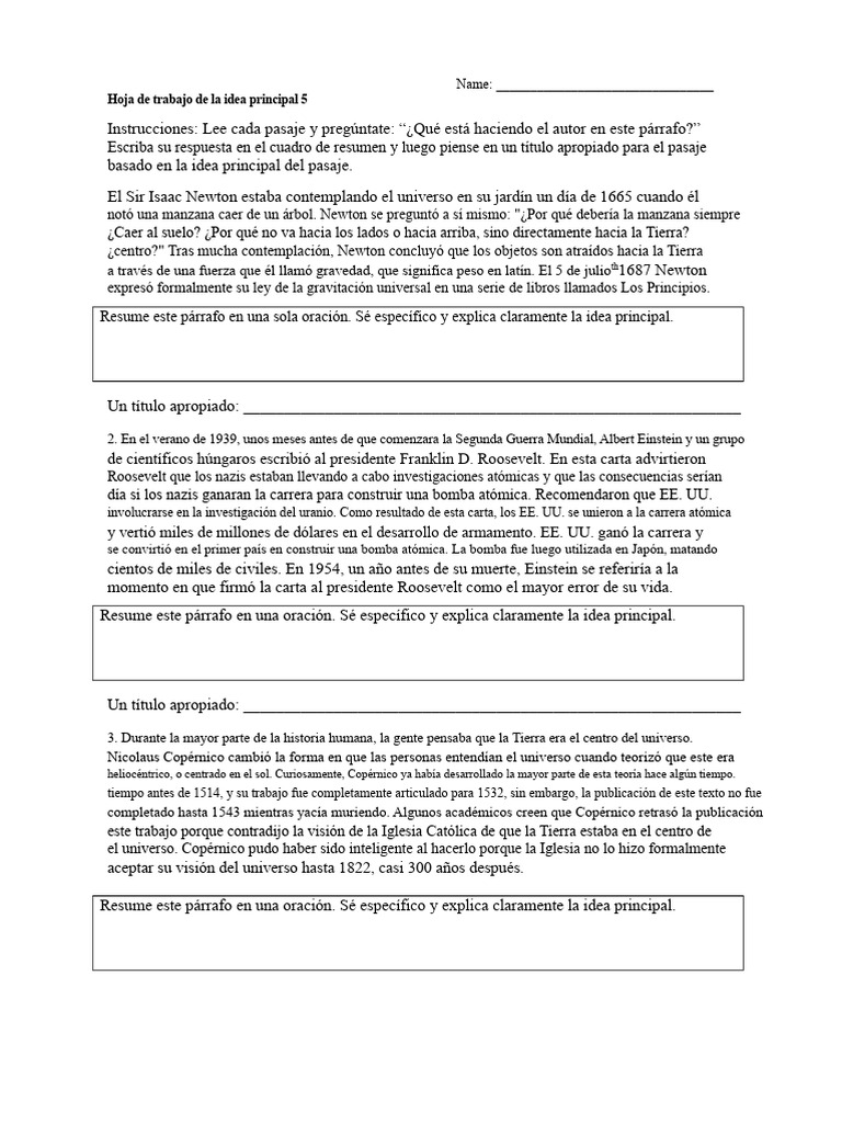 Hoja de Trabajo de Idea Principal 5 | PDF | Gravedad | Ley de Newton de ...