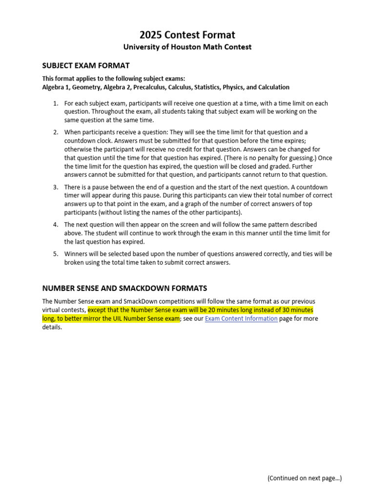 2025 University of Houston Math Contest Format | PDF