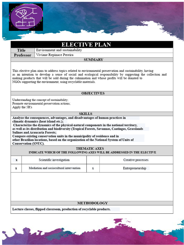 Plan of The Elective Subject Environment and Sustainability | PDF ...