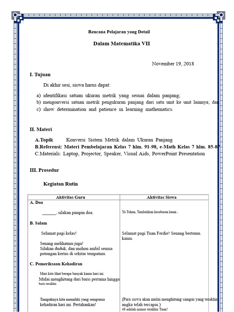 Rencana Pelajaran Konversi Metrik Matematika | PDF