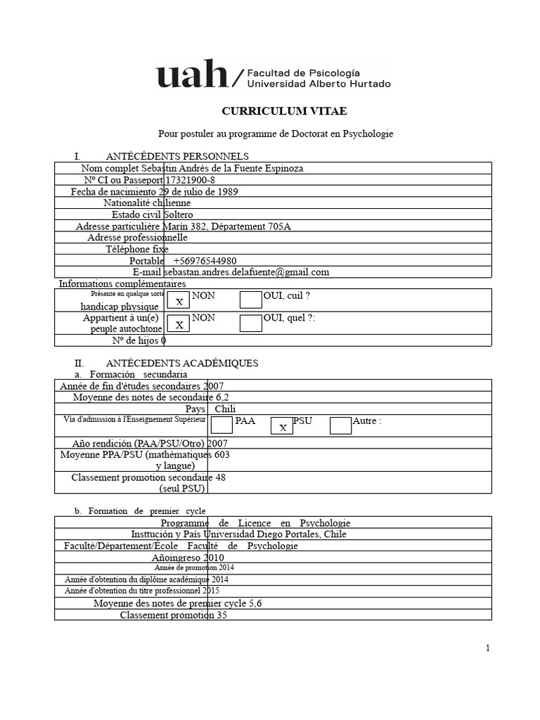 CV de Sebastin Andrés en Psychologie | PDF | Doctorat | Sciences ...