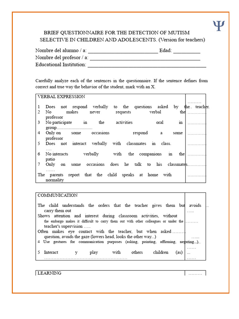 Selective Mutism Questionnaire for Teachers | PDF | Communication ...