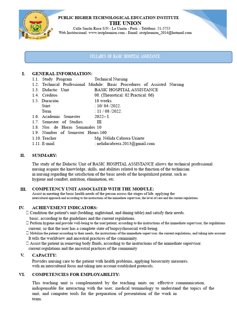 Basic Hospital Assistance Syllabus | PDF | Hygiene | Learning