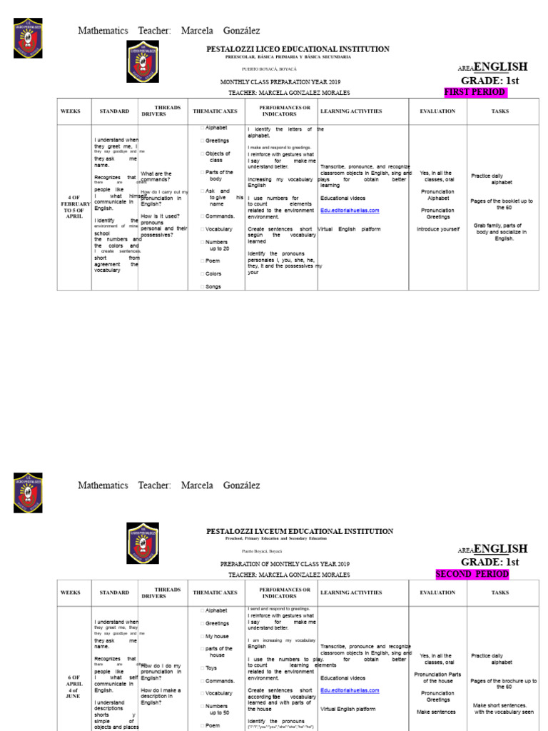 1st Grade English Class Plan 2019 | PDF | English Language | Vocabulary