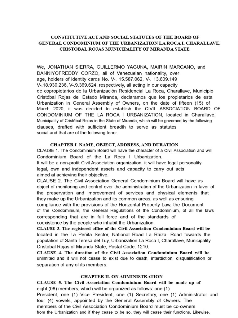 La Roca I Condominium Board Statutes | PDF | Condominium