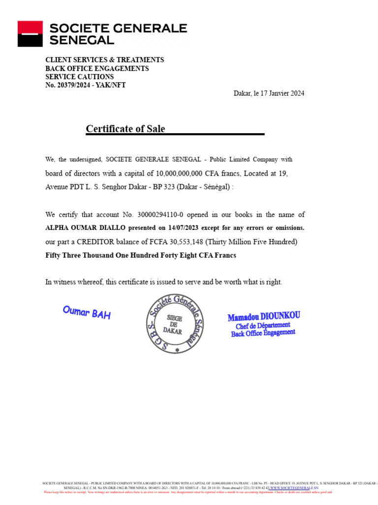 Bank Balance Certificate Societe Generale | PDF