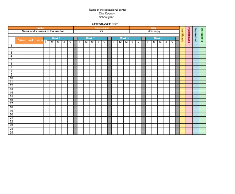 School Attendance List Format | PDF
